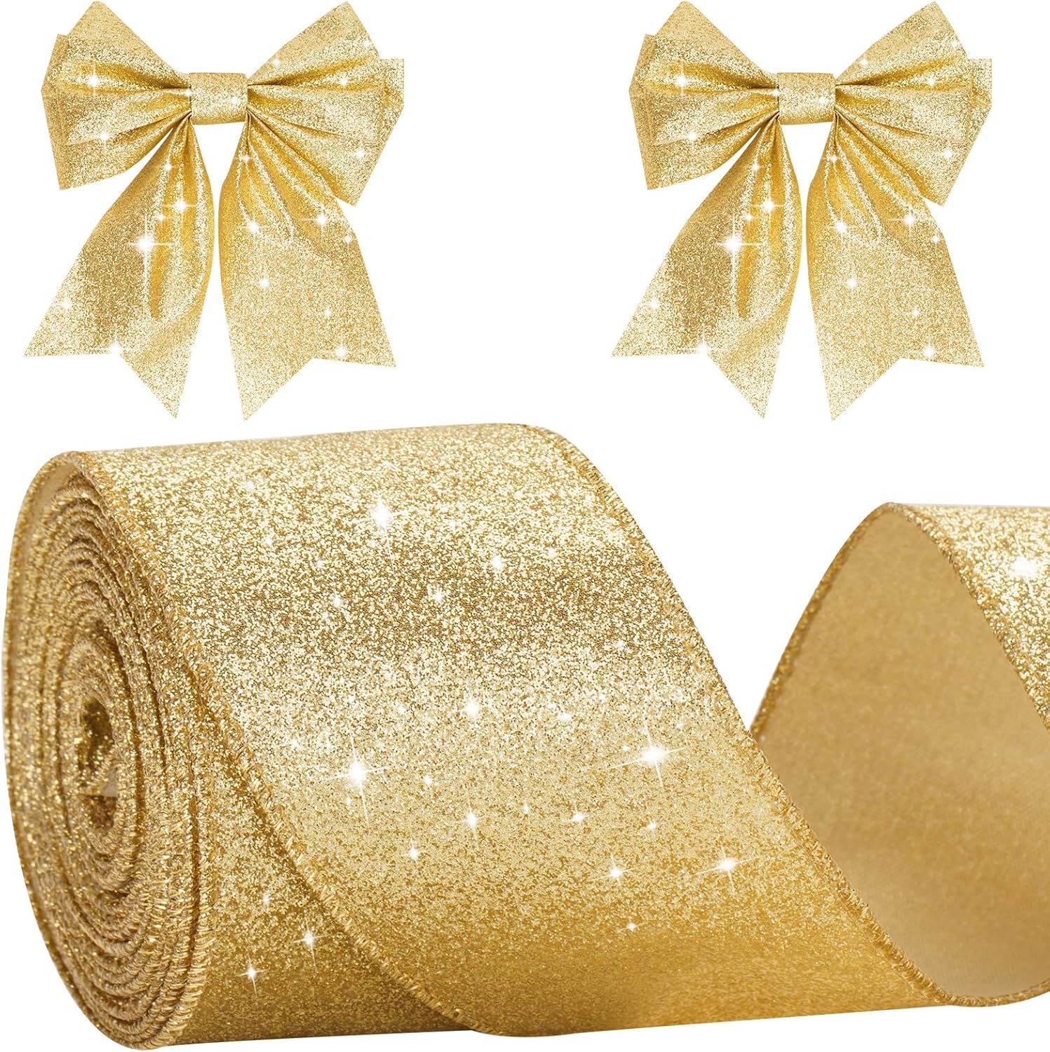 KINGLAKE Gold Wired Glitter Christmas Ribbon - 6cm Metallic Wrapping ...