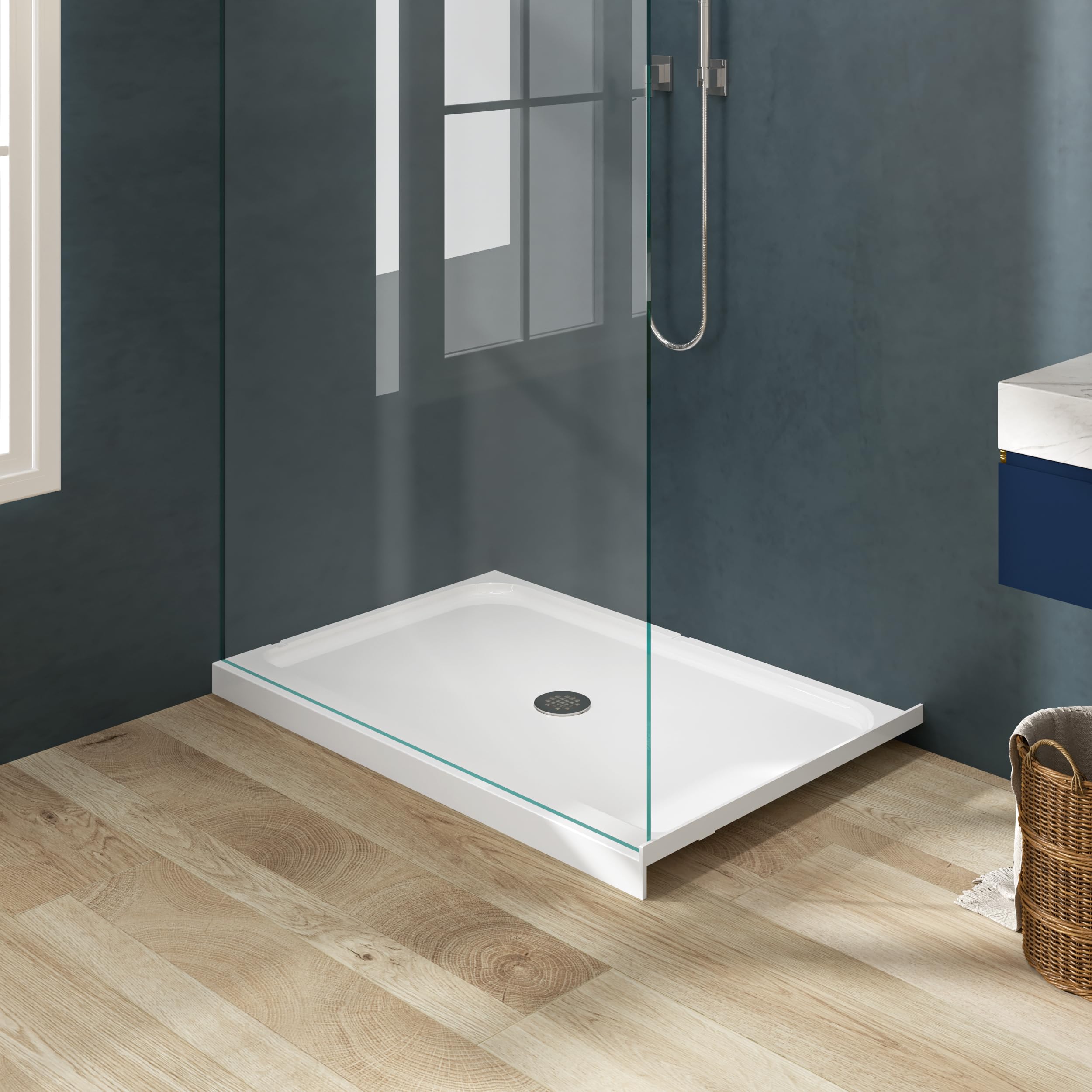 FerdY White Acrylic Single-Threshold Shower Base with Center Drain, 48 ...