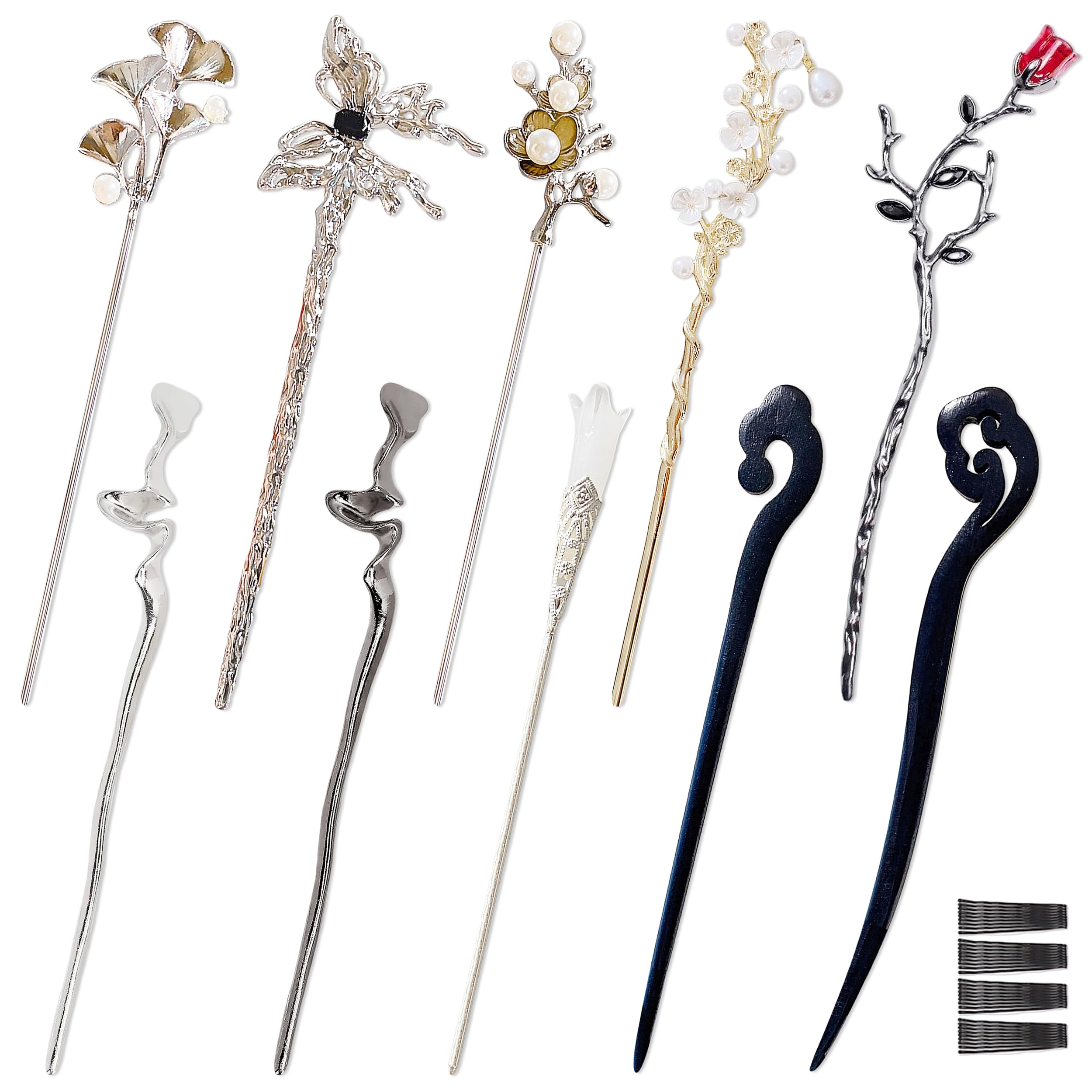 10 Pcs Chinese Hair Stick, Silver Metal Hair Chopsticks with Black ...