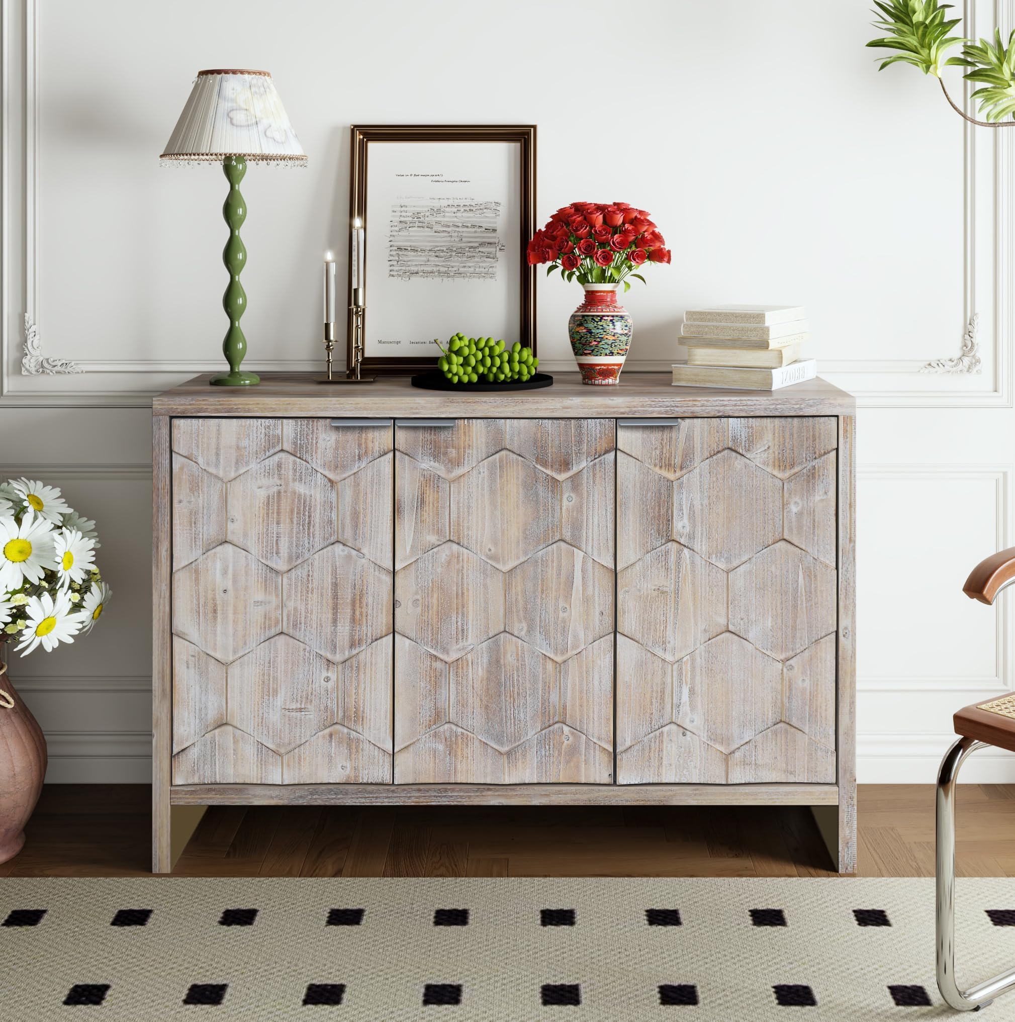 Amazon.com: ChicBliss Accent Cabinet, Farmhouse Style 3 Door Wooden ...