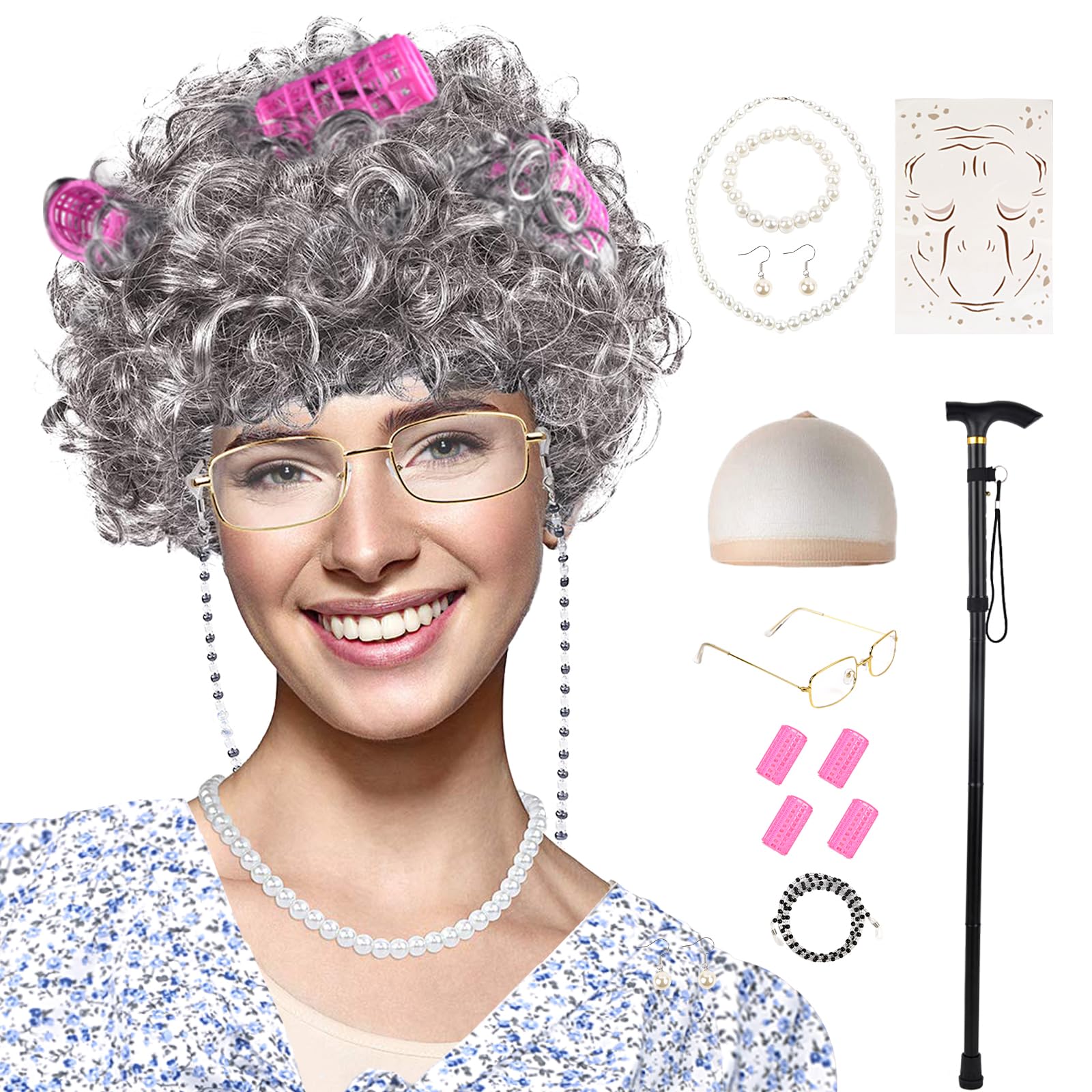 Amazon.com: 14PCS Women's Old Lady Costume Kit Old Lady Grandma Wig ...