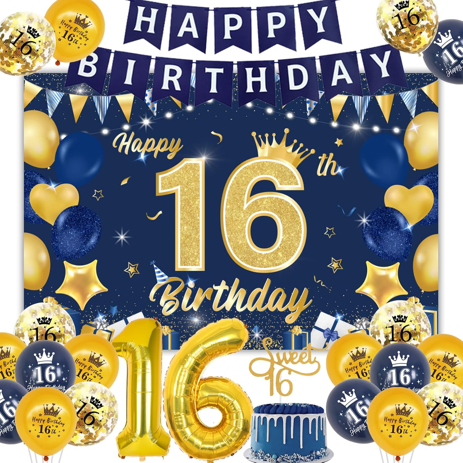 Amazon.com: Wonmelody Navy Blue Gold Happy 16th Birthday Party Decors ...