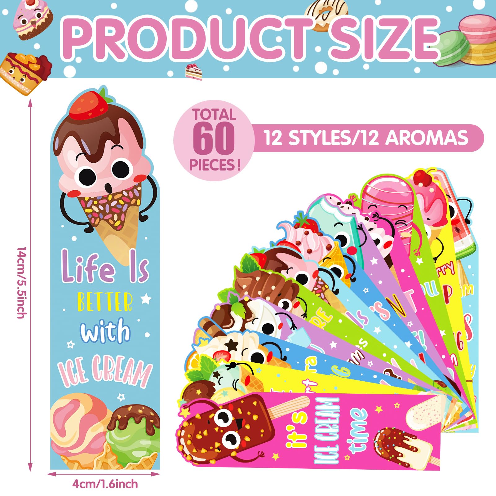 Snapklik.com : 60 Pieces Ice Cream Scented Bookmarks Kids Bulk Scratch ...