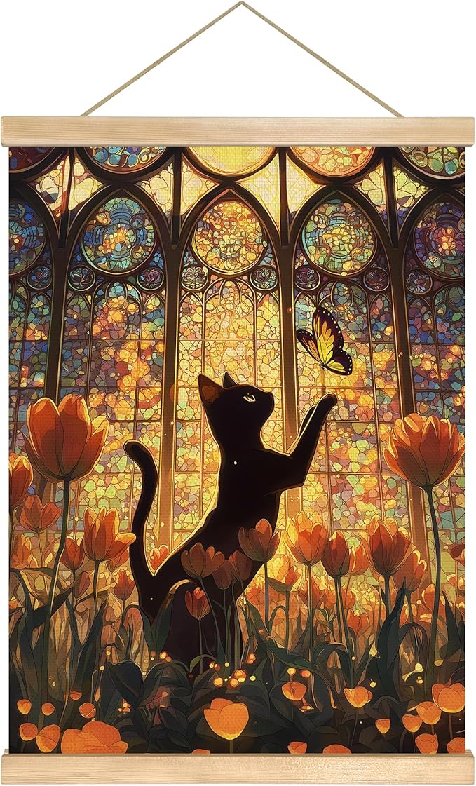 Amazon.com: Black Cat Stained Glass Style Wall Art Decor, 14x18.5'' Boho Fantasy Linen Canvas ...