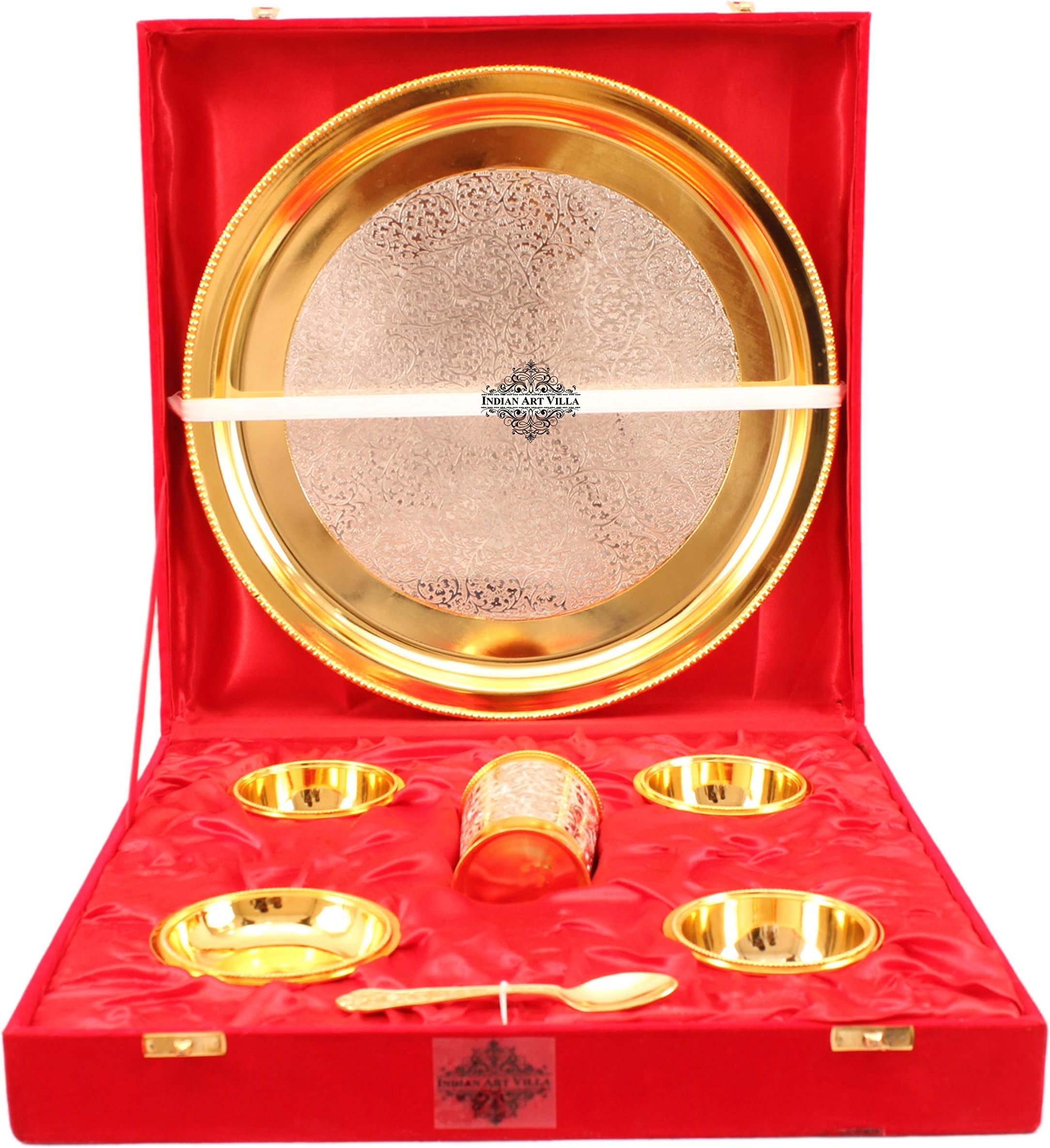 INDIAN ART VILLA Silver Plated 7 Piece Embossed Design Dinner Set with ...