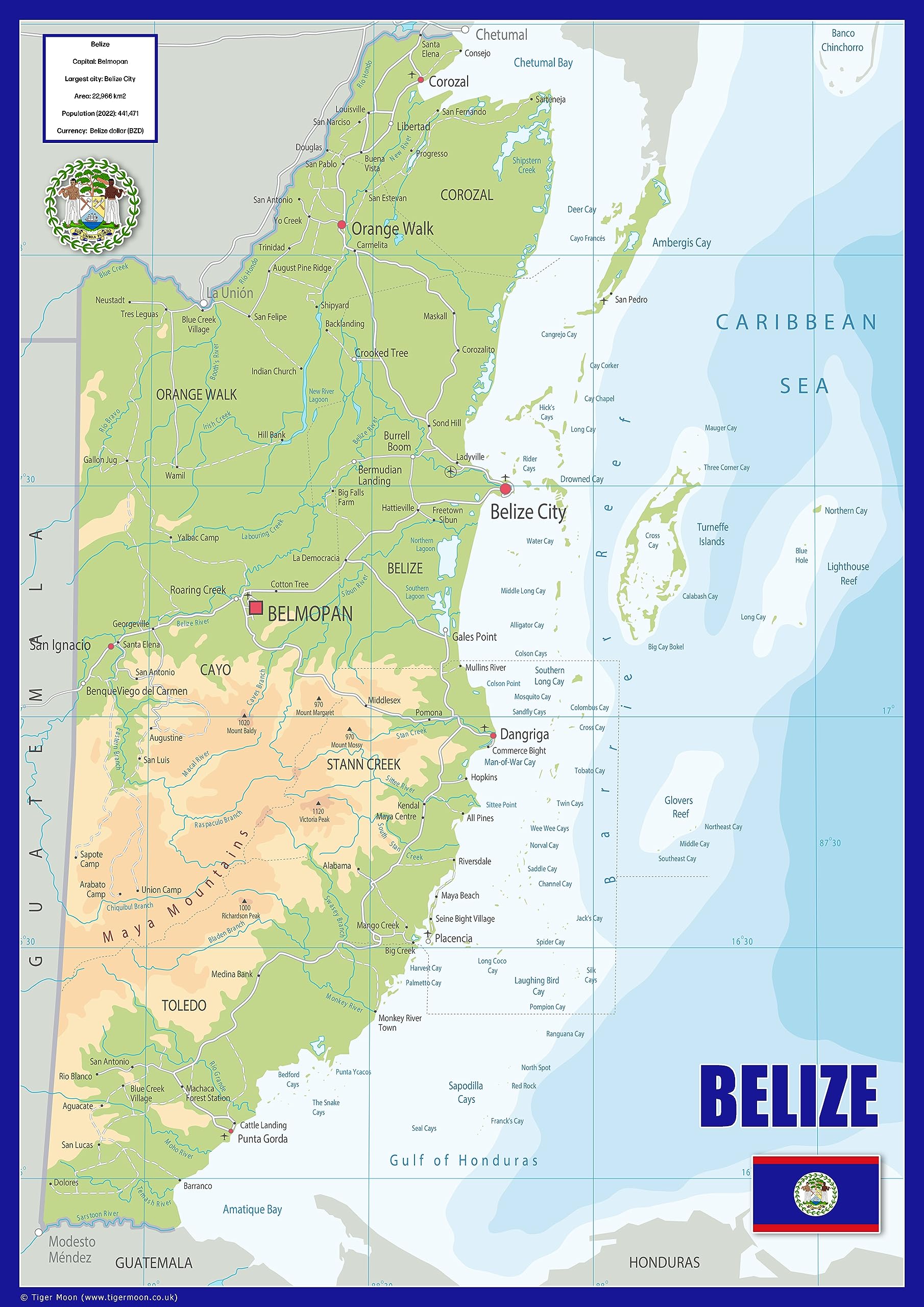 Physical Map of Belize - The Oxford Collection - Size A2 - Paper ...