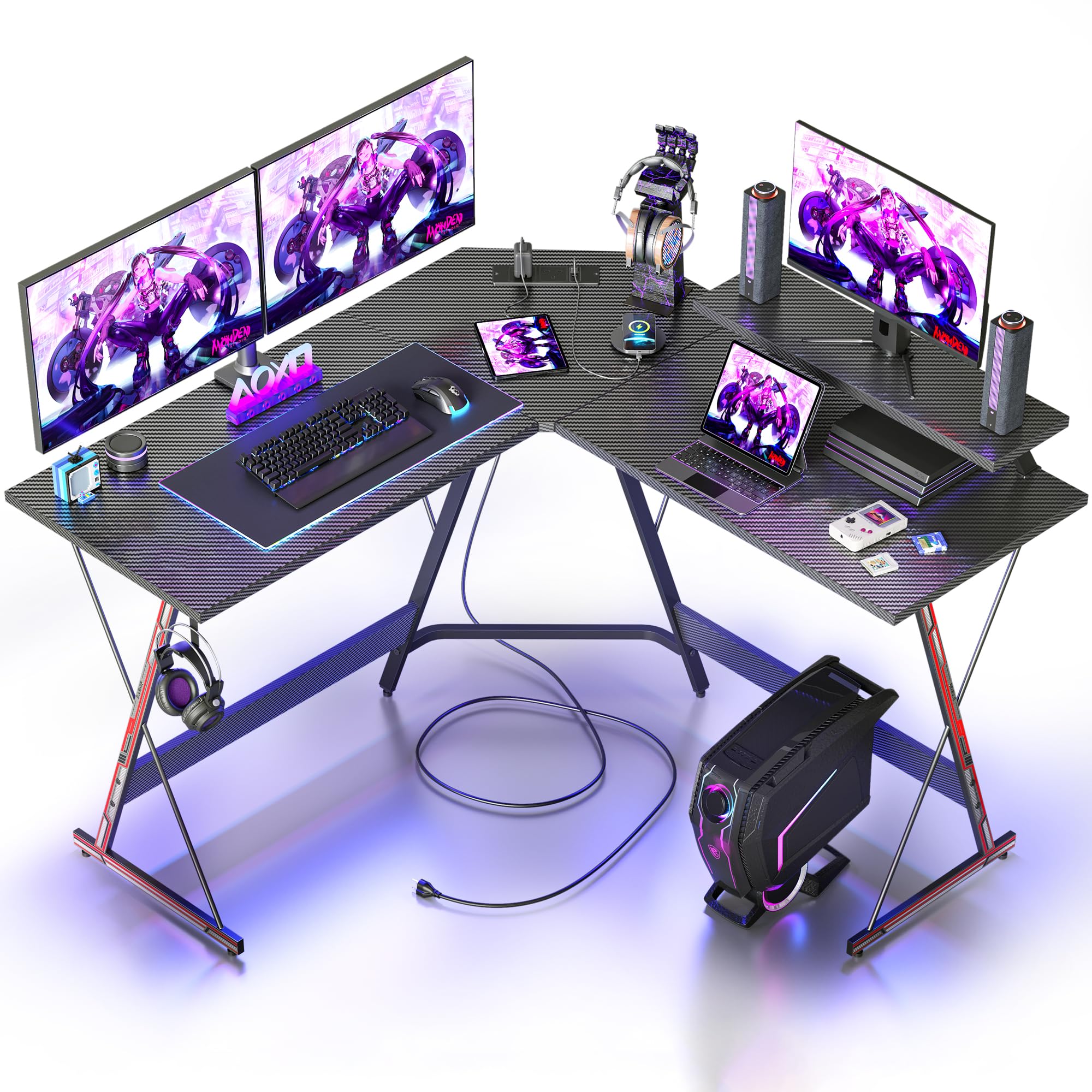BEXEVUE L Shaped Gaming Desk with LED & Power Strip - 128x128cm ...