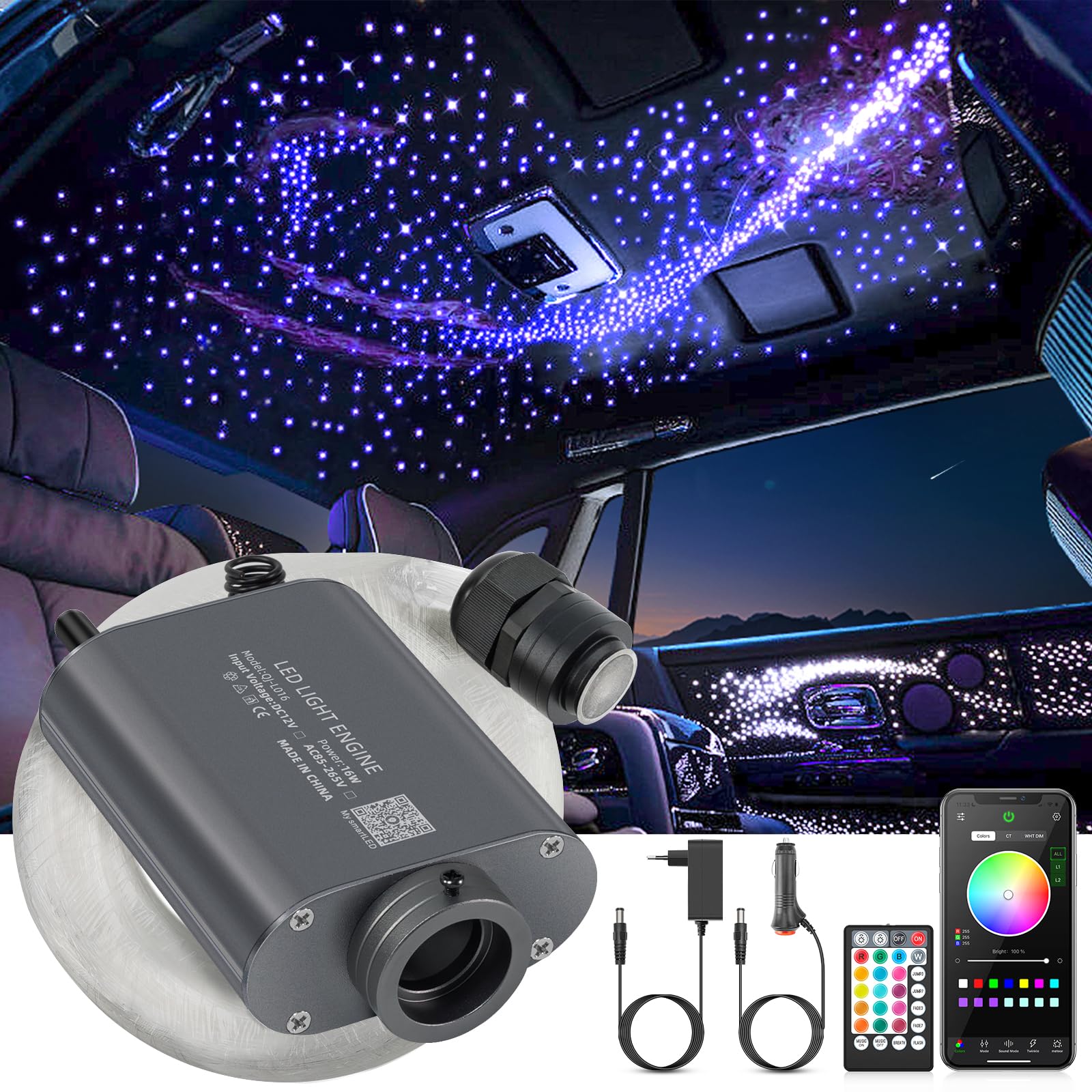 SUNKENET 16W RGBW Ciel Etoile Voiture, 650pcs*0.75mm*4m Led Ciel De ...
