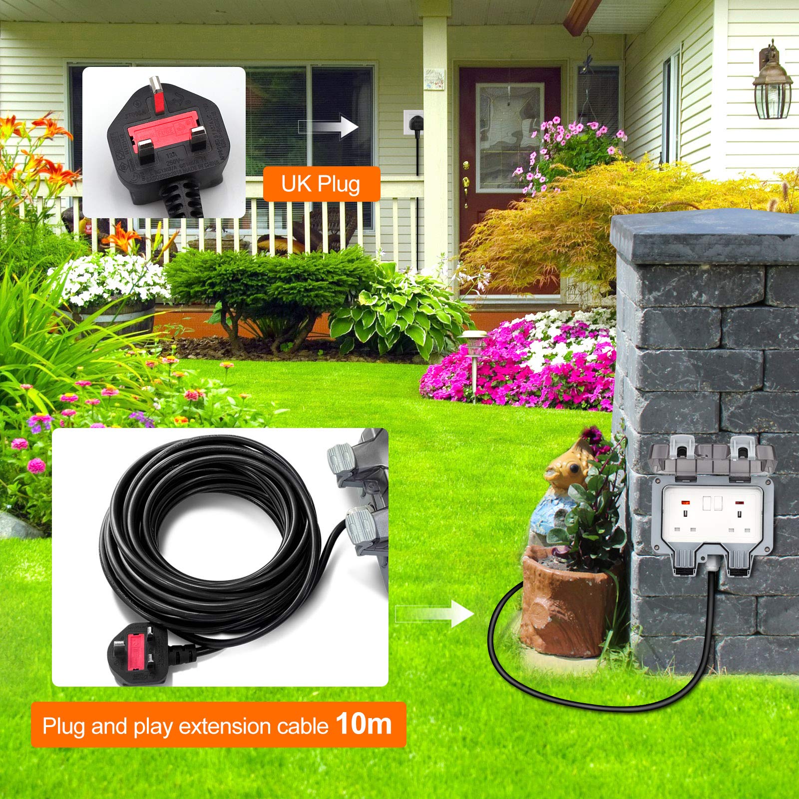 Weatherproof Outdoor Sockets with 10M/32FT Extension Cable, 2 Gang ...