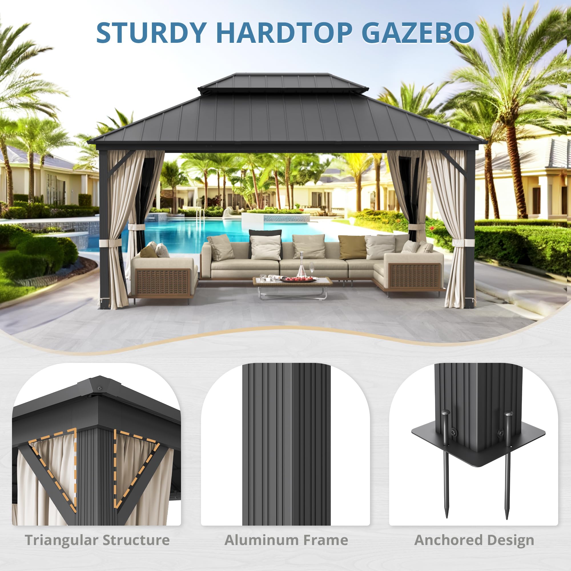 LUE BONA 12x16 Hardtop Gazebo, Galvanized Steel Double Roof Permanent ...