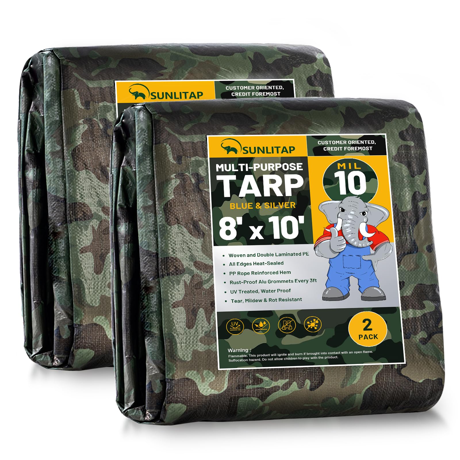 SUNLITAP 10 Mil Heavy Duty Waterproof Tarps, 8x10 Ft Finished Size ...