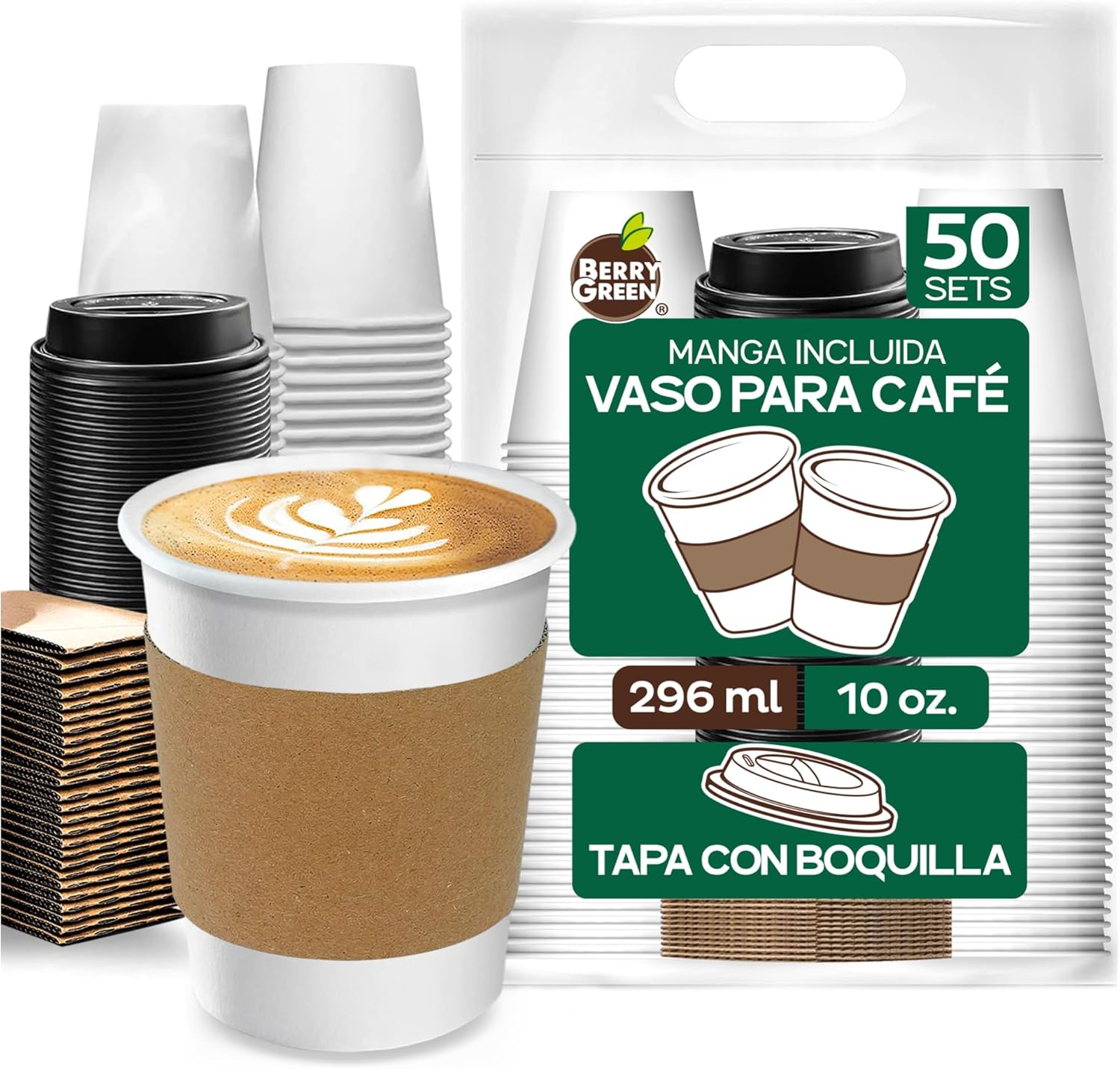 Berry Green 50 Vasos para Cafe de 10 oz (296 ml) Resistentes con Tapa y ...