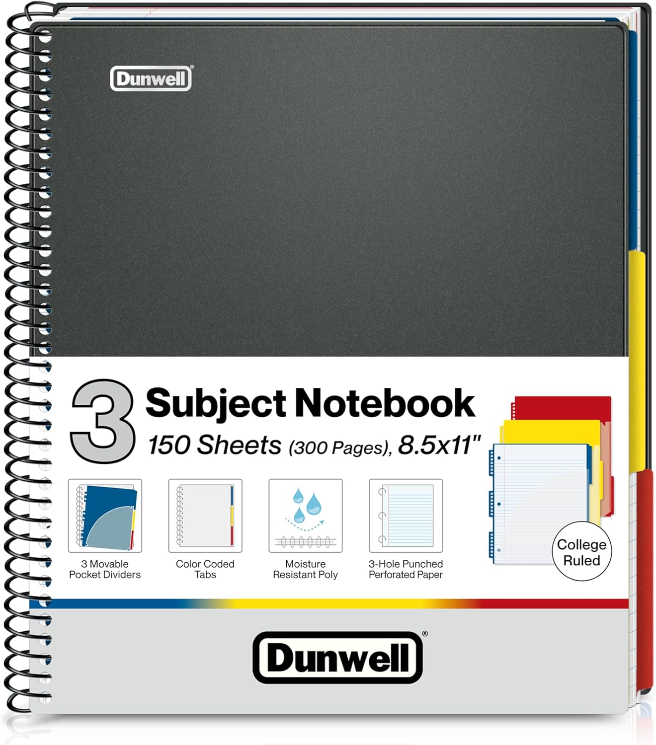 Amazon.com : Dunwell 3-Subject Notebook College Ruled 8.5 x 11 (Black ...