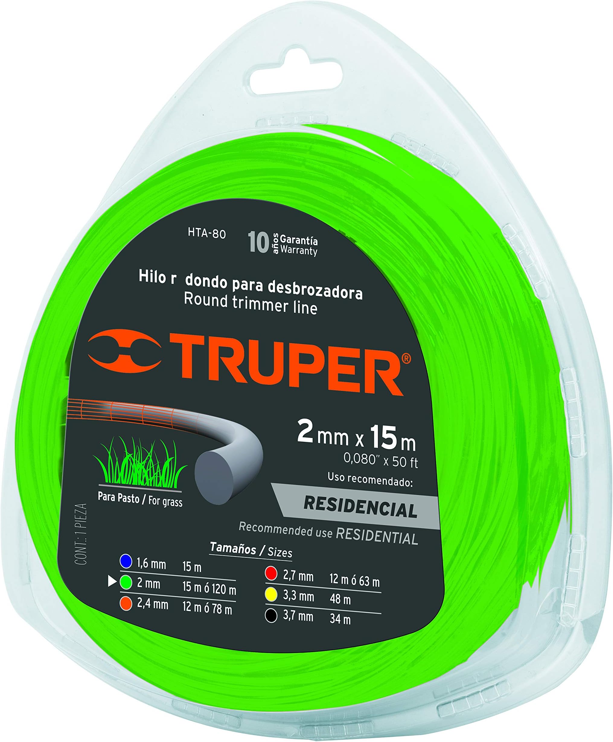 Truper HTA-80, Hilo redondo para desbrozadora, 15 m largo, 2 mm ...