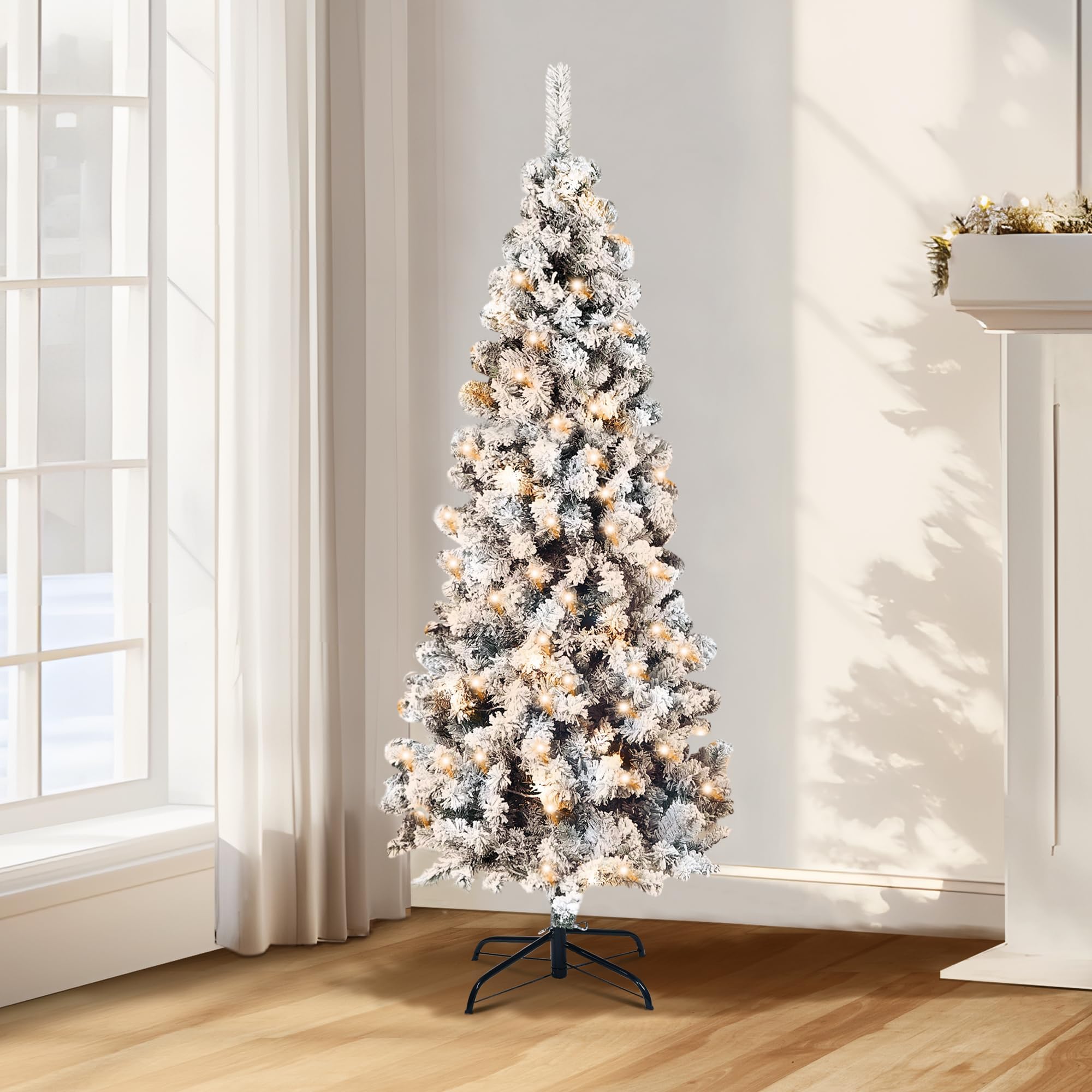 Amazon.com: Puleo International 4 ft Pre-lit Flocked Alpine Pencil Tree ...