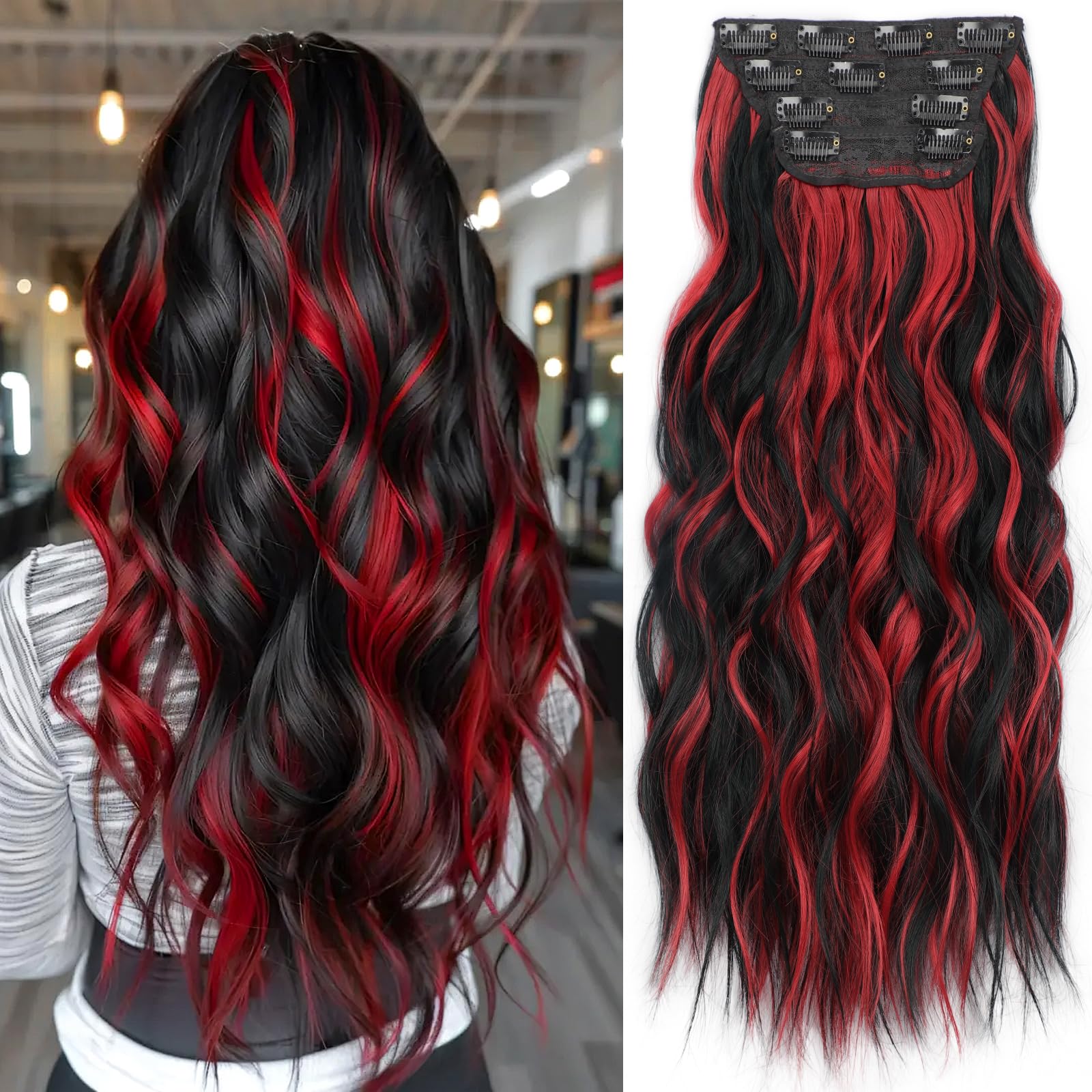 Amazon.com : KooKaStyle Hair Extensions Black Hair with Red Highlights ...