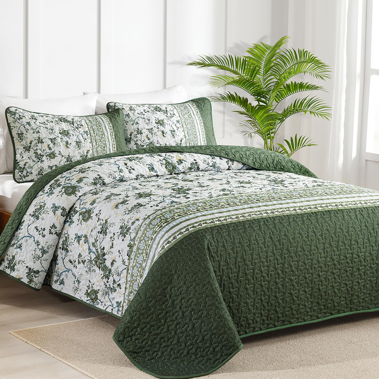 Amazon.com: Anibedding Quilt Set Queen Size, Green Floral Partten ...