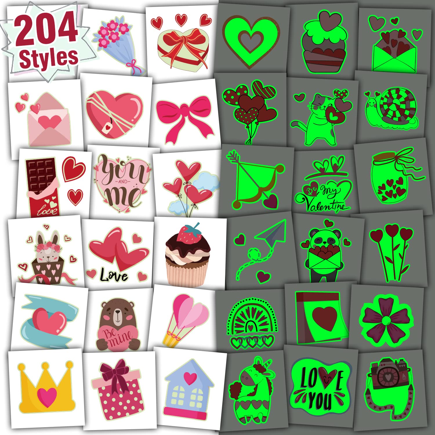 Amazon.com : Partywind 204 Styles Glow Valentine's Day Tattoos for Kids ...