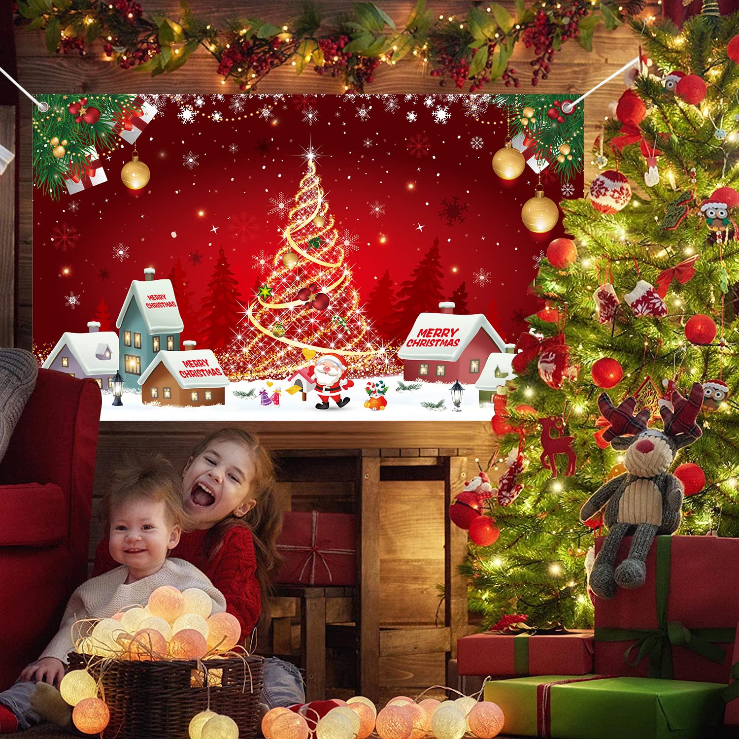 Large Christmas Backdrop Banner, Red Merry Christmas Banner Christmas ...