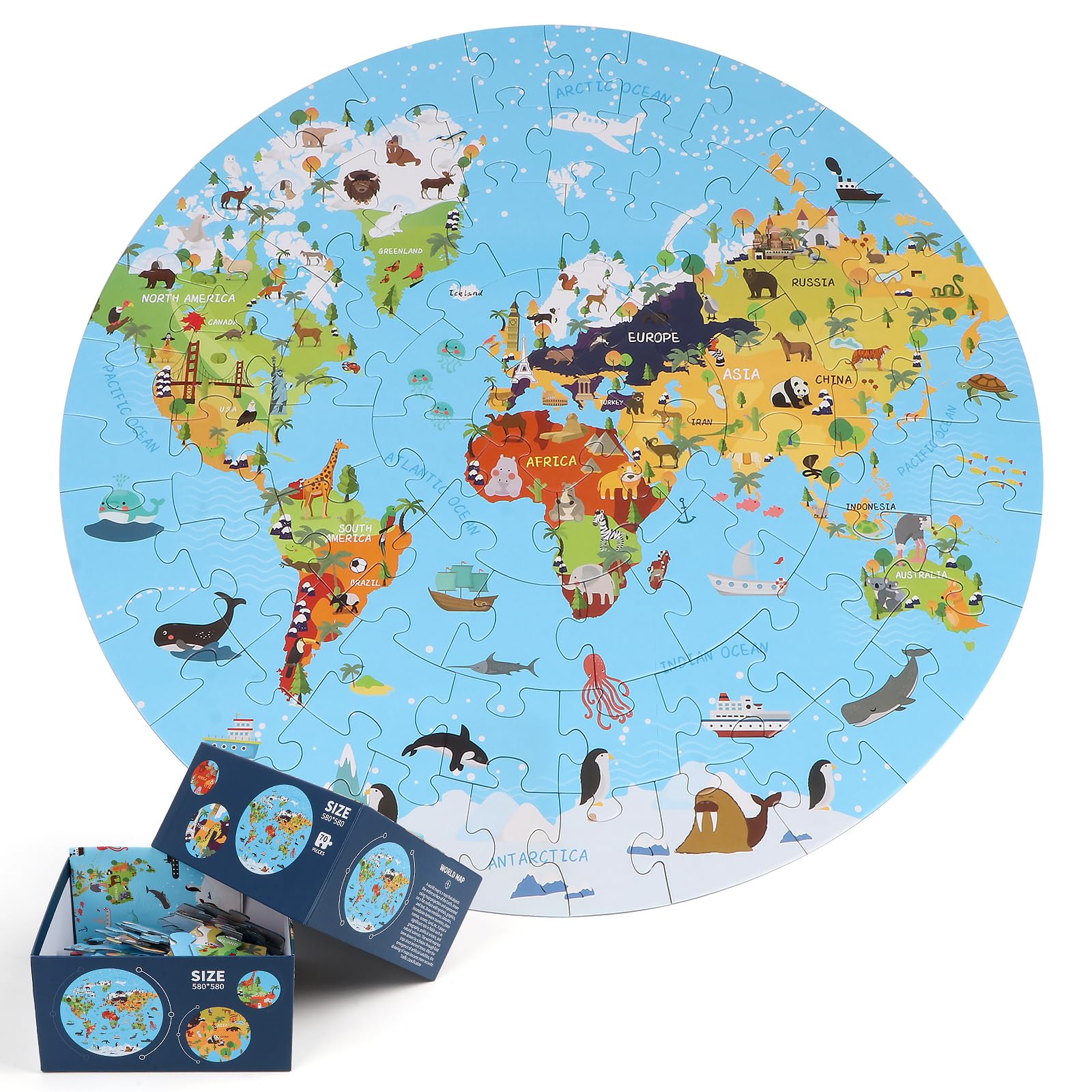 KABENFIS World Map Jigsaw Puzzle 70 PCS Circular Map for Children ...