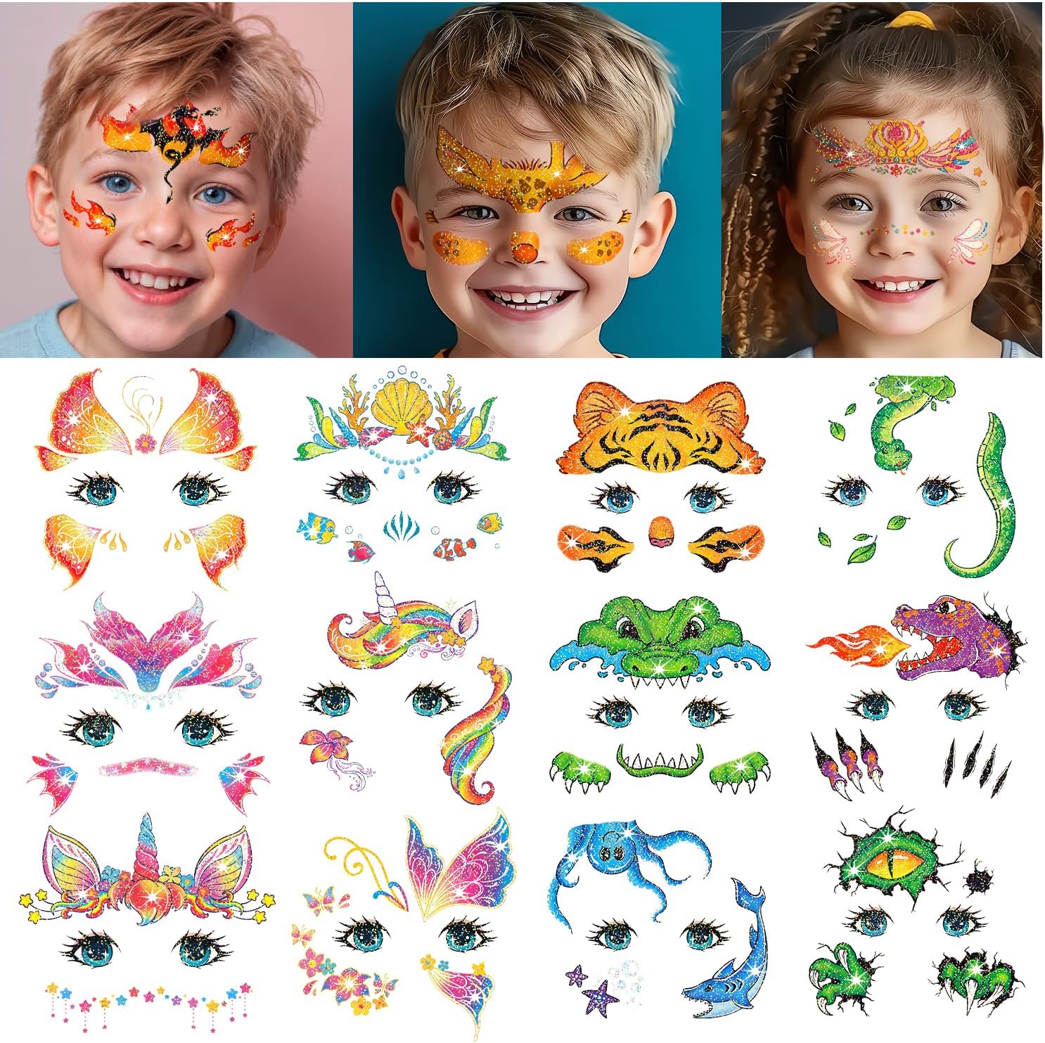 Amazon.com : Face Tattoos for Kids Girls Halloween Face Painting Party ...
