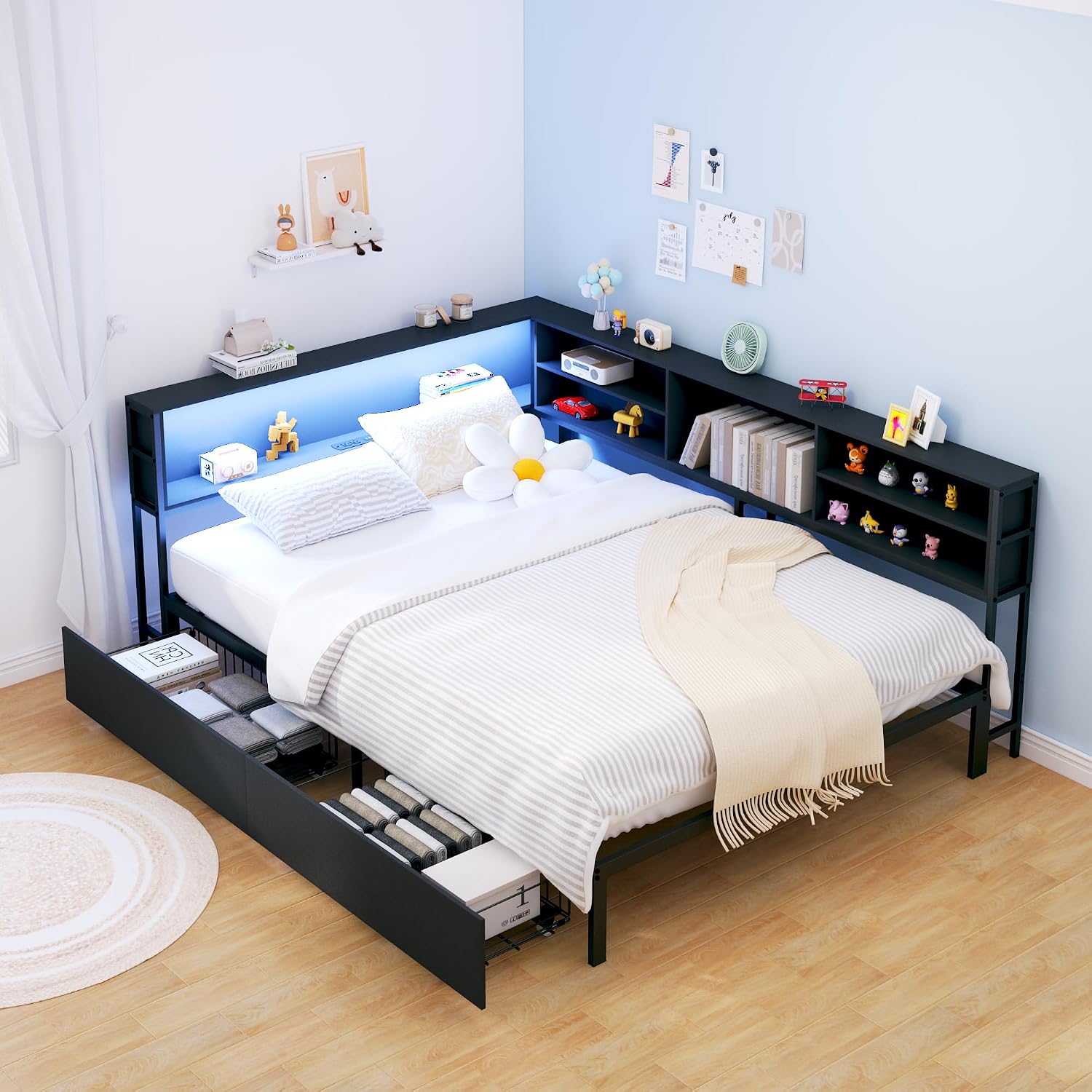 Amazon.com: Full Size Bed Frame with Bookcase Storage, Corner Bedframe ...