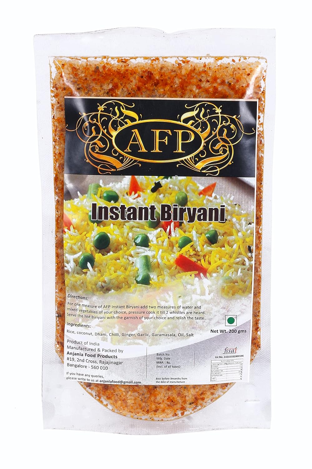 AFP Instant Biryani / Vegetarian Biryani - Ready to Cook | Instant Veg ...