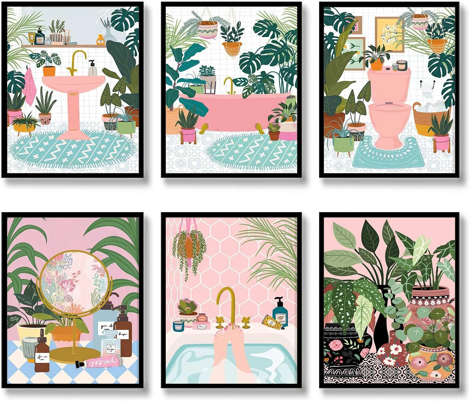 Amazon.com: 6Pcs Botanical Bathroom Wall Art, Pink Bathroom Canvas ...
