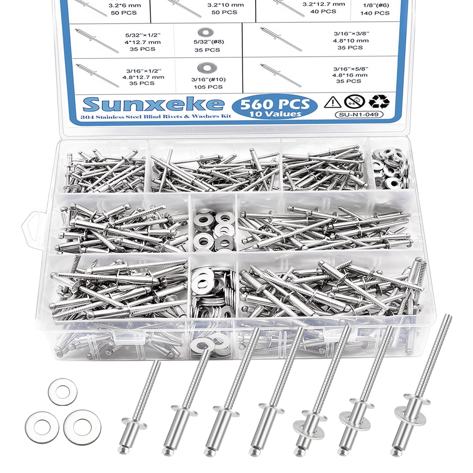 Sunxeke 560pcs 304 Stainless Steel Pop Rivets with Washers Assortment ...