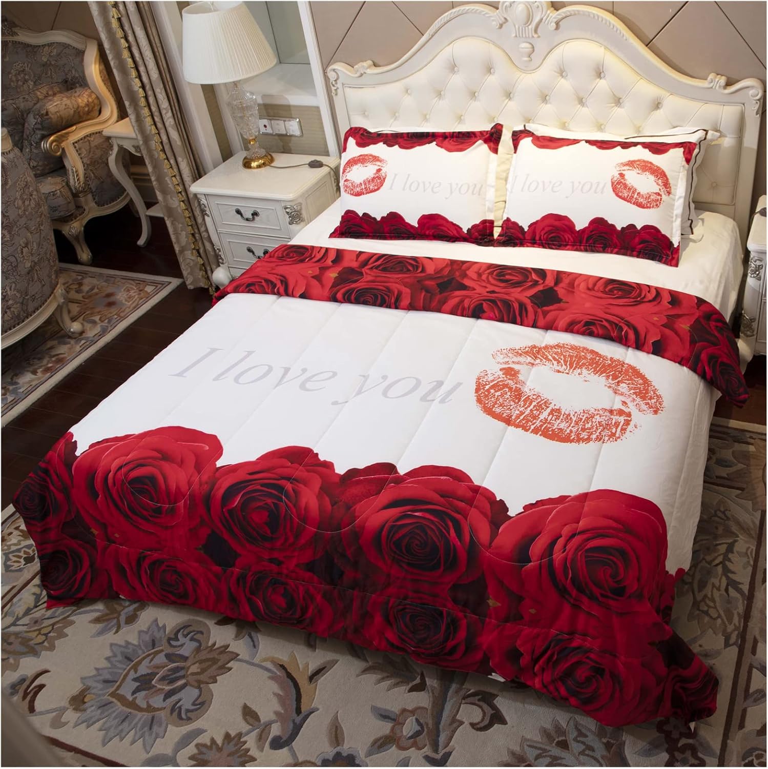 Amazon.com: 3D Comforter Set Queen - Red and White Rose Print Comforter ...
