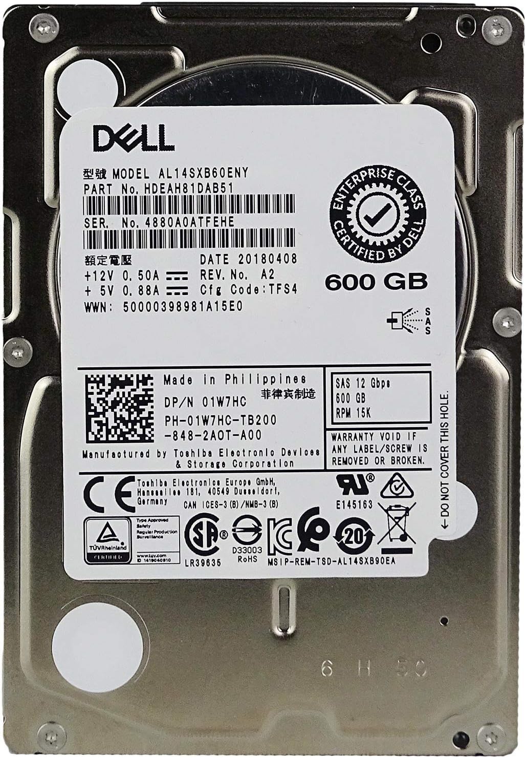 Amazon.com: Dell HD 600G 152N IS12 2.5 T-14S EC 600GB 15K 12G SAS 2.5/" -, 01W7HC (600GB 15K 12G ...