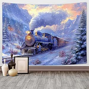 Amazon.com: Steam Train Tapestry, Old Engine Train Winter Scenery ...