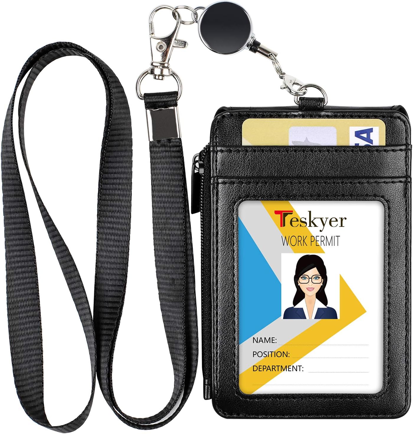 Teskyer Card Holder with Retractable Lanyard, Badge Holder with Zipper ...