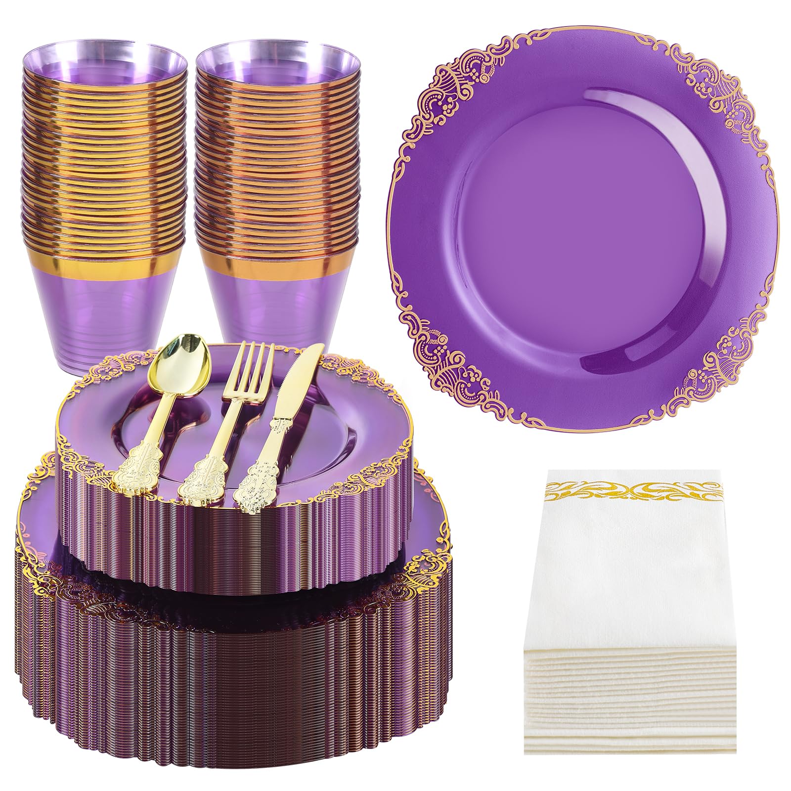 Amazon.com: 350 PCS Purple and Gold Plastic Dinnerware Set for 50 ...