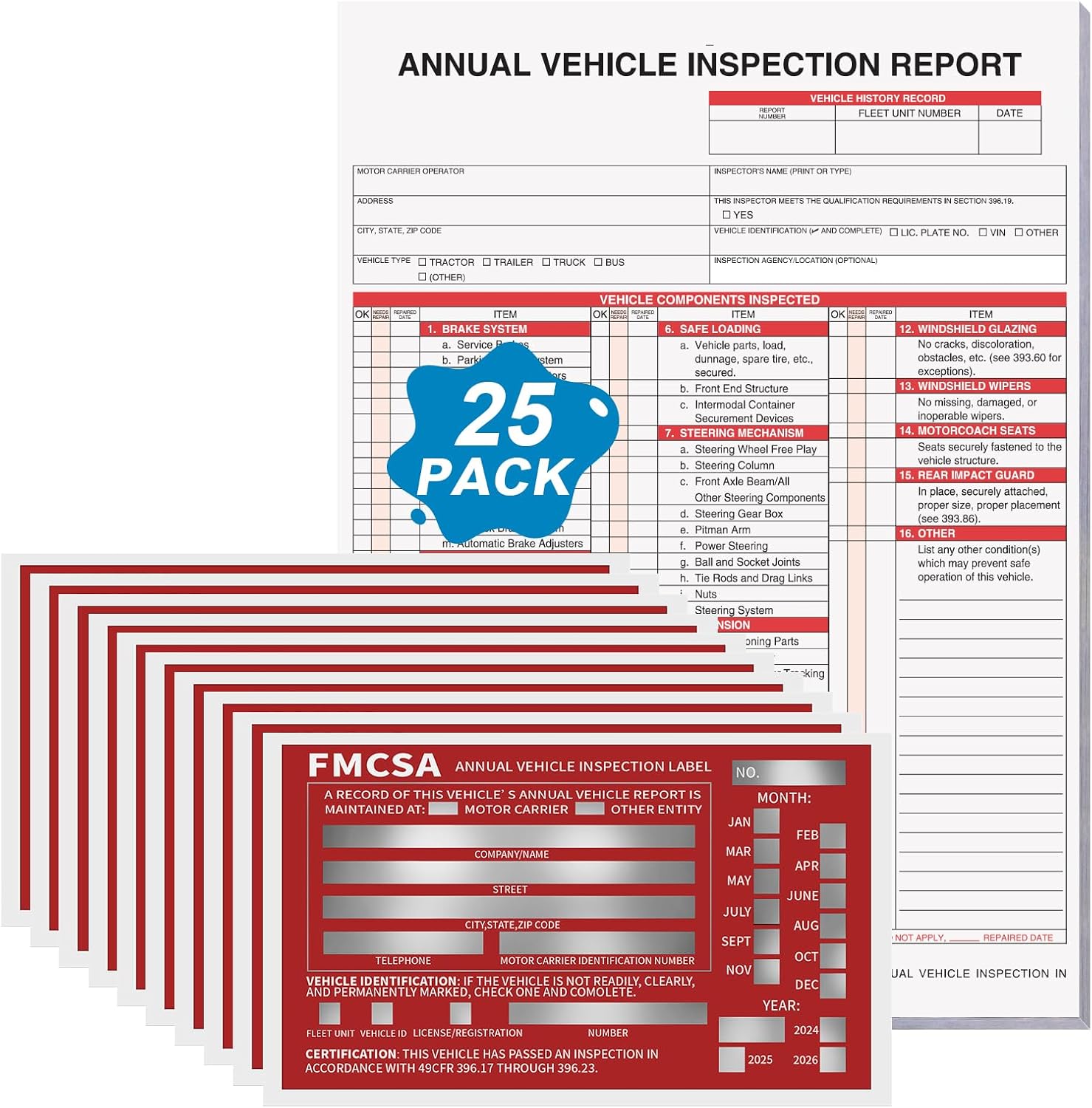 Amazon.com : 25Pack Annual Vehicle Inspection Report Form 8.5"*11.4 ...