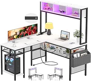 Amazon.com: Unikito L Shaped Computer Desk with LED Strip and Power ...
