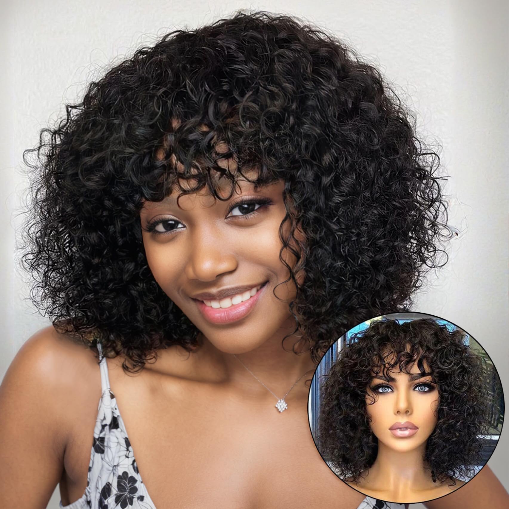 Amazon.com : RECOOL Short Curly Bob Wigs Water Wave Human Hair Wig with ...