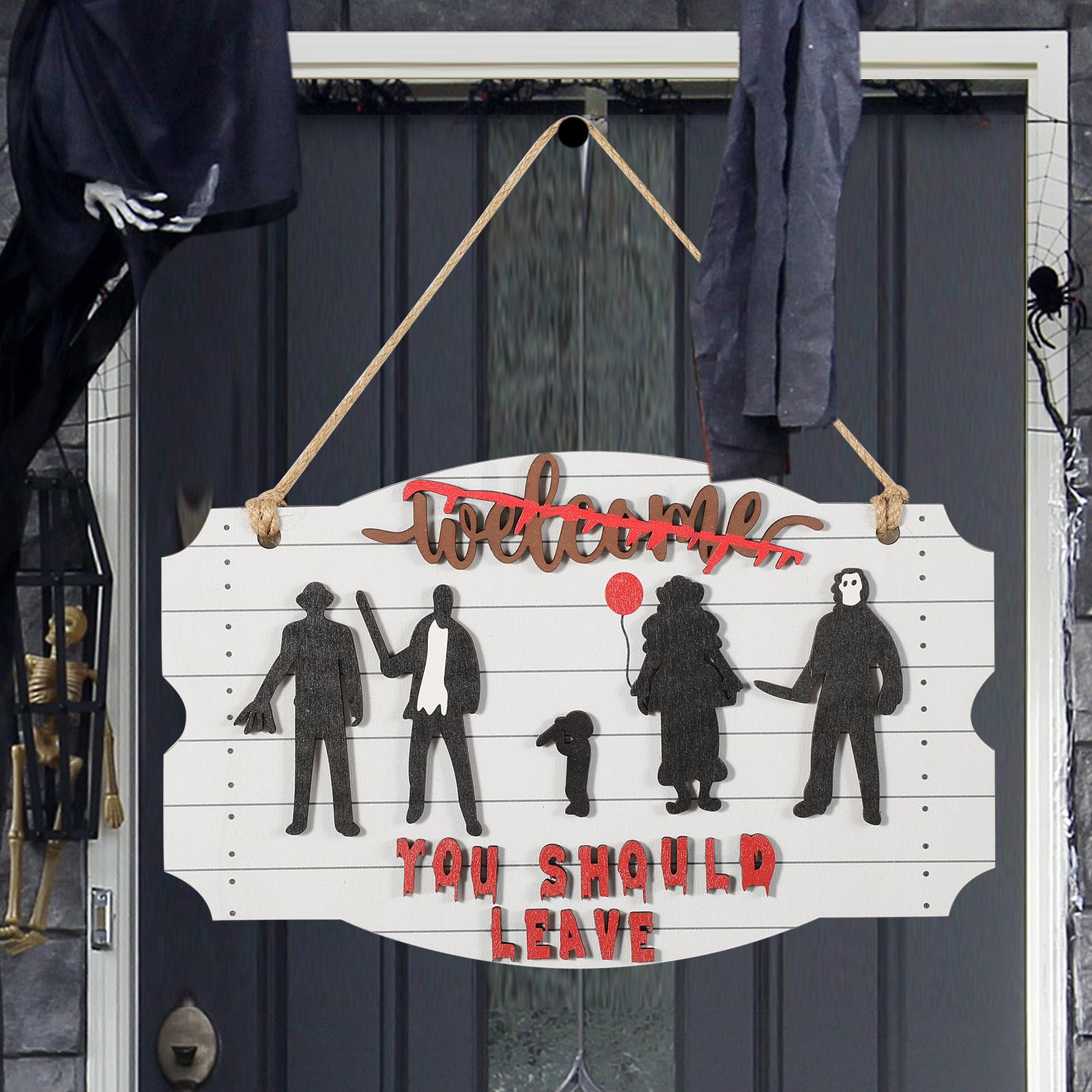 Soaoo Halloween 3D Horror Welcome Sign Movie Characters Wooden Door ...