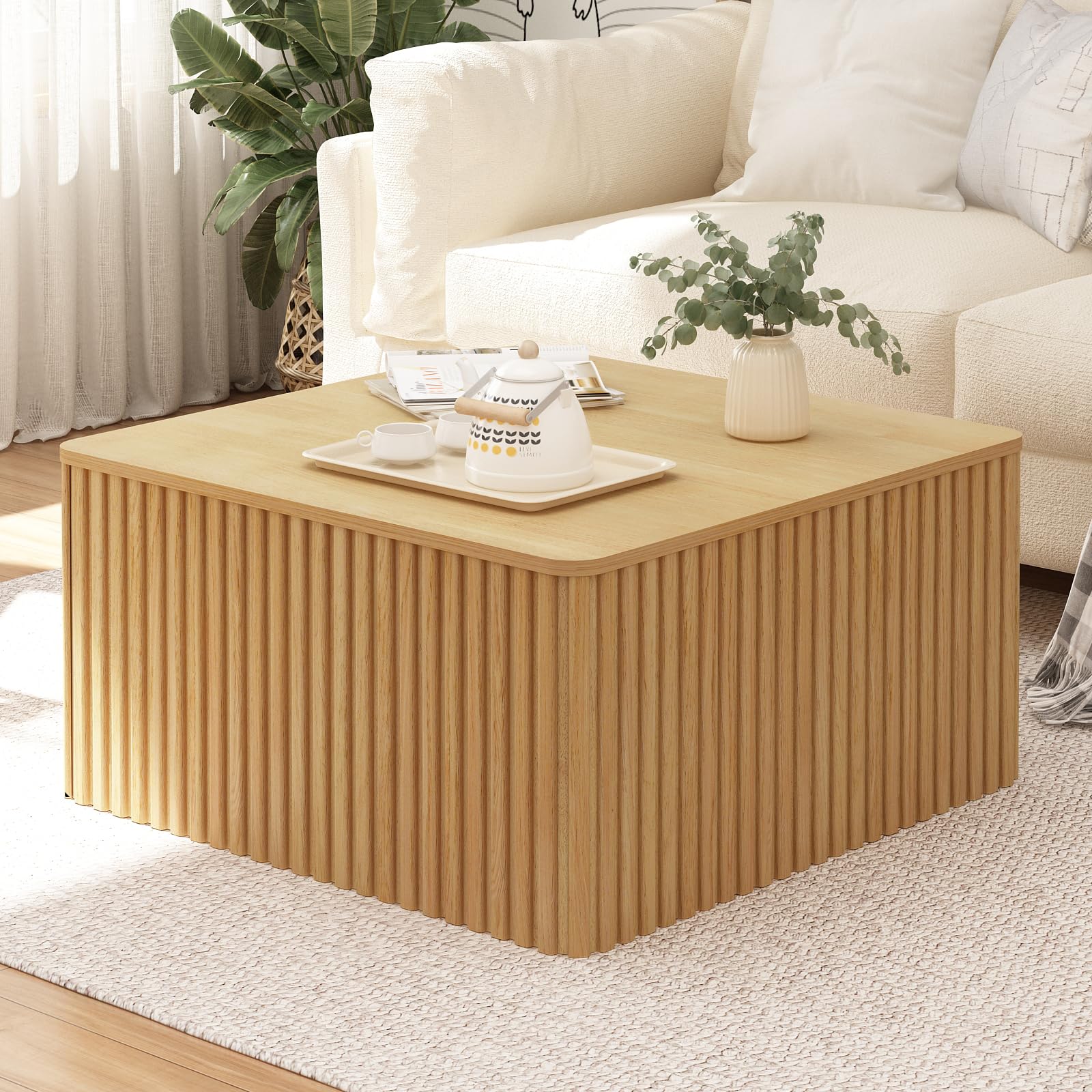 Amazon.com: Fluted Square Coffee Table with Storage-Large Wood Center ...