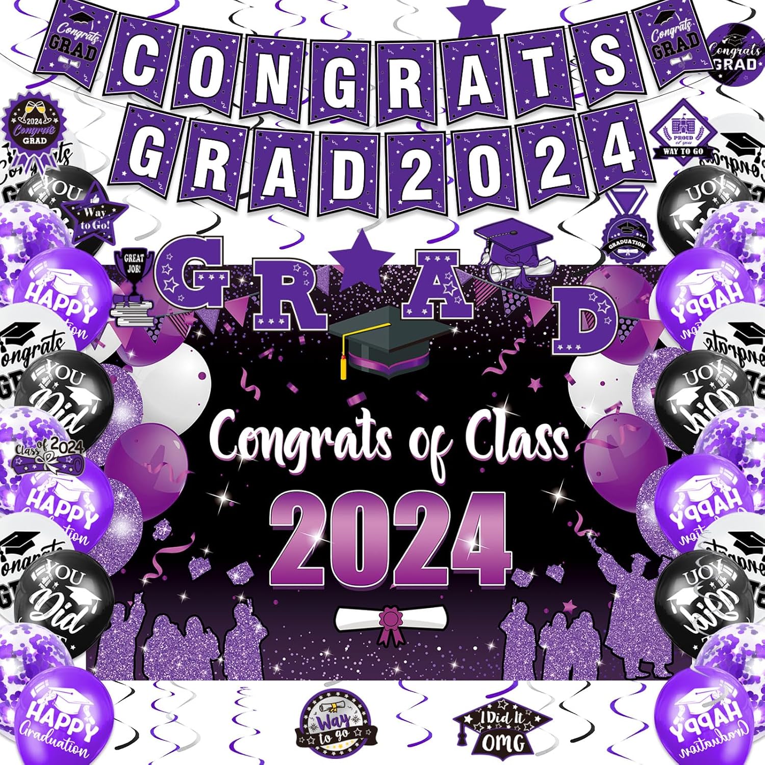 Amazon.com: AUGSUN Purple Graduation Decorations Class of 2024 Set ...