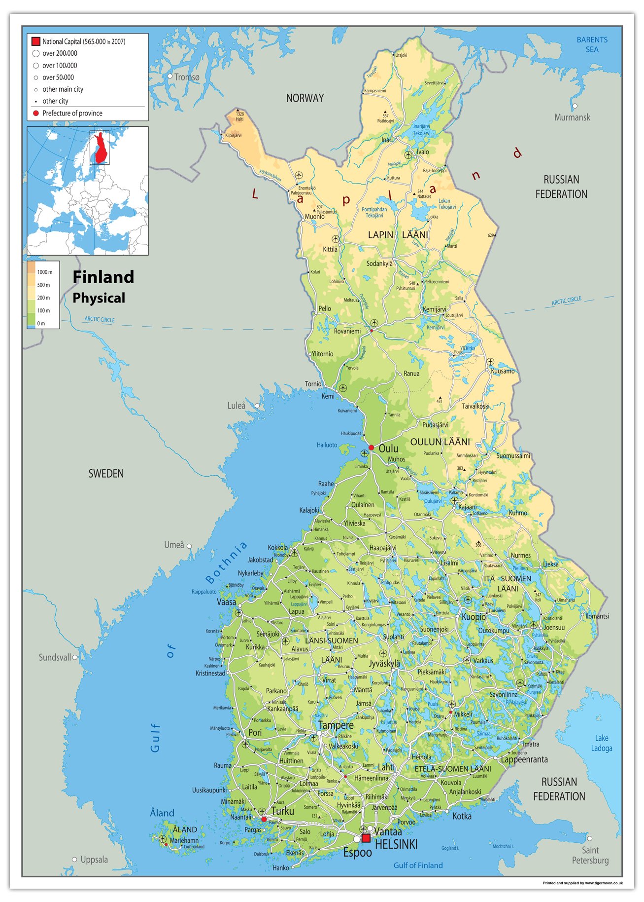 Physical Map of Finland - Size A2-59.4 x 42cm - Paper Laminated ...