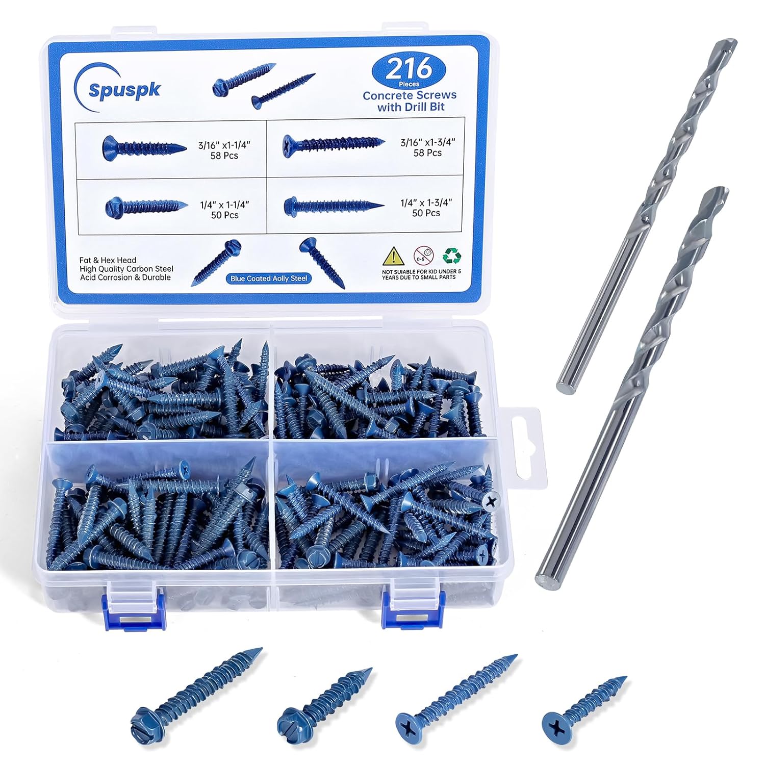 Concrete Screws Assortment Kit with Drill Bit, 216Pcs Concrete Screws 1 ...
