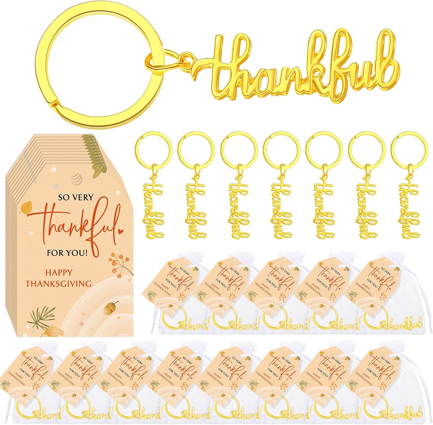 Amazon.com: Henoyso 18 Sets Gold Thankful Keychain Thanksgiving Gift ...
