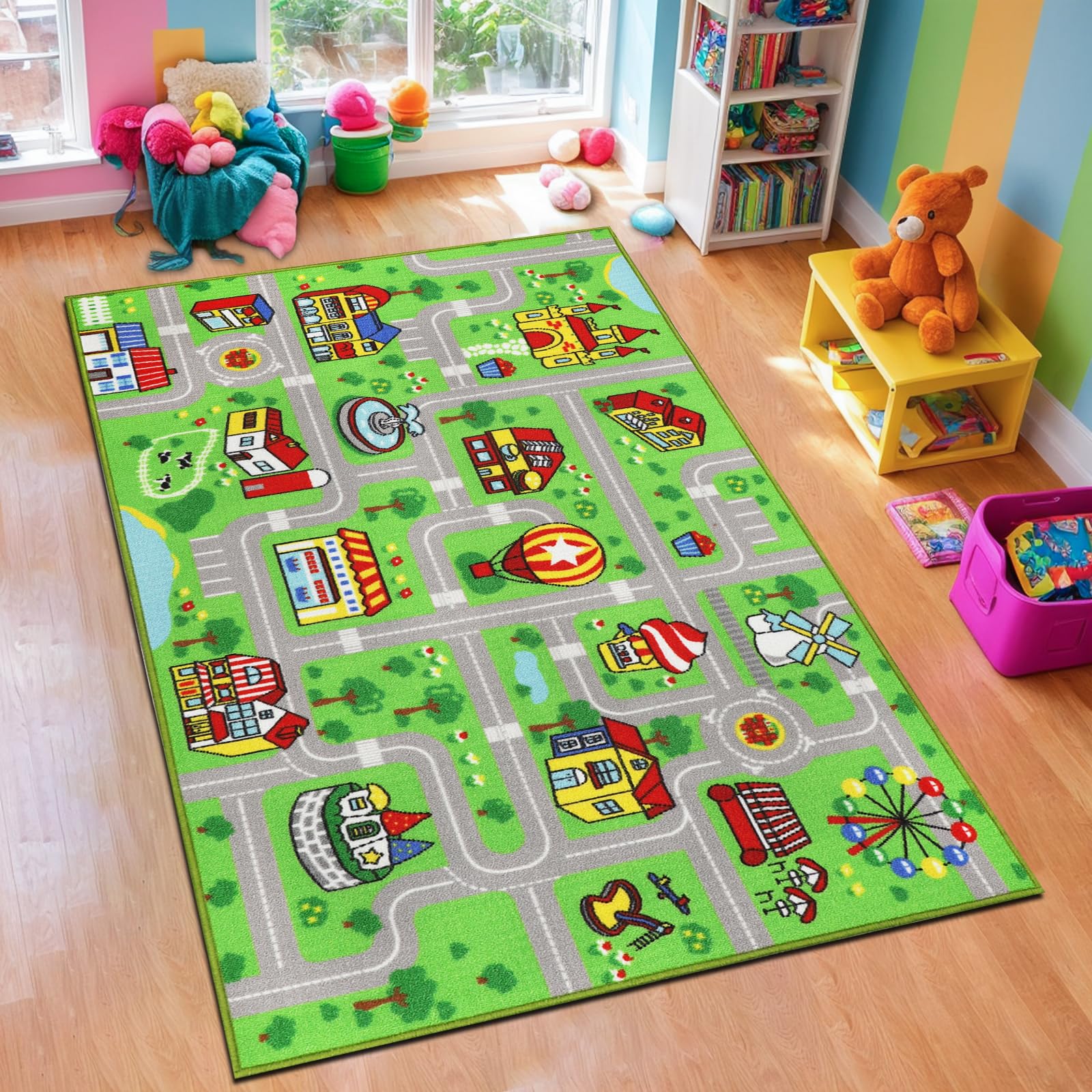 Capslpad Kid Rug for Playroom 100x160cm Green Play Rug Traffic Road Car ...