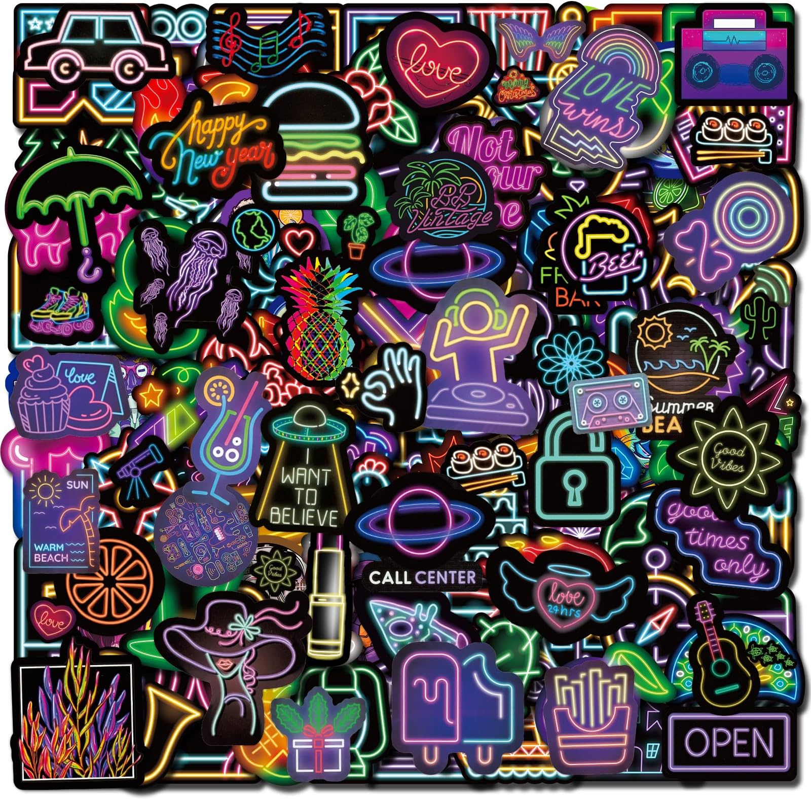 Amazon.com: Water Bottle Stickers 100 Pcs Cool Cute Neon Sticker Packs ...