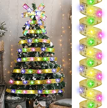 Amazon.com: MYLONGINGCHARM 33ft Gold Christmas Ribbon Lights, 100 LED ...