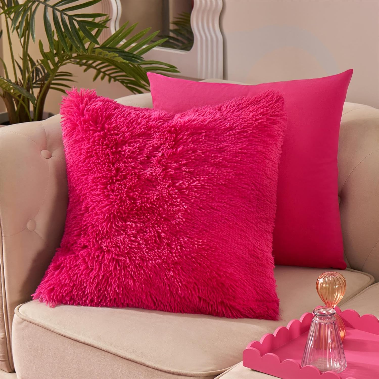 OHS Hot Pink Cushion Covers 2 Pack, Ultra Soft Fluffy Decorative Throw ...