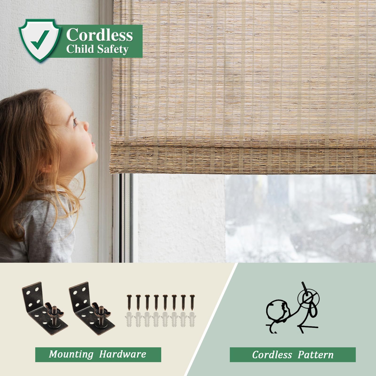 Yin Yang Cordless Blackout Bamboo Roman Shades, Light Filtering Natural ...