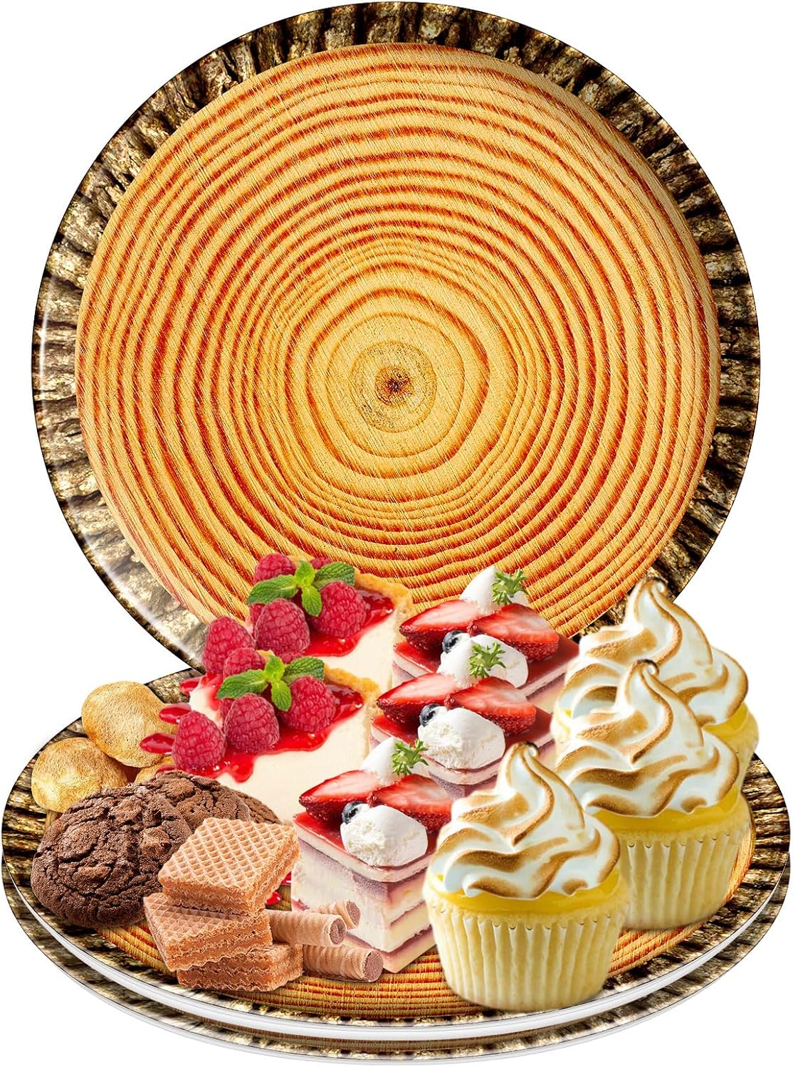 Amazon.com | AKAIXI 3Pcs Wood Grain Serving Tray Round Melamine Platter ...