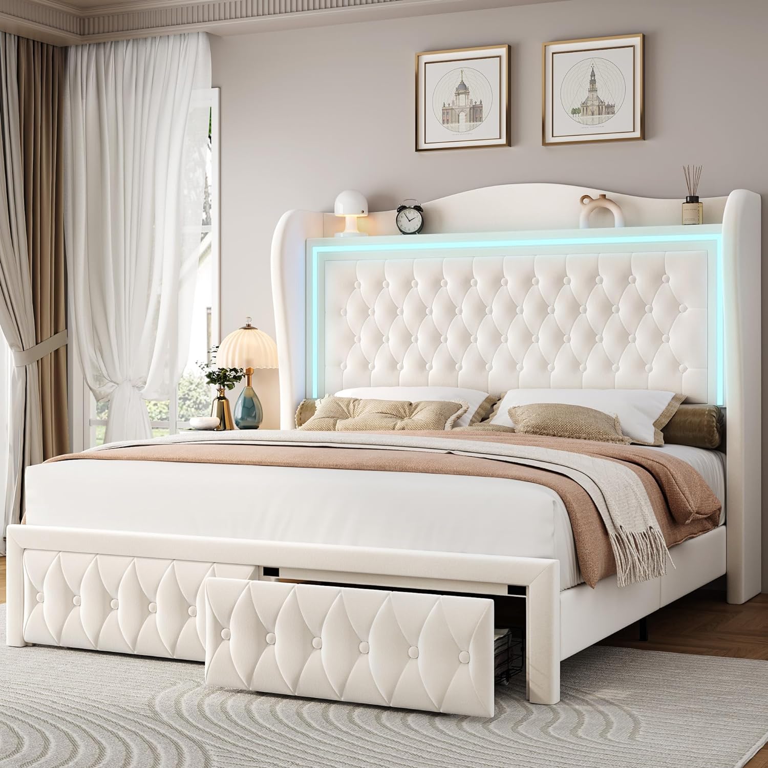 Amazon.com: Queen Bed Frame 55" Tall Headboard with LED Lights, Buttons ...